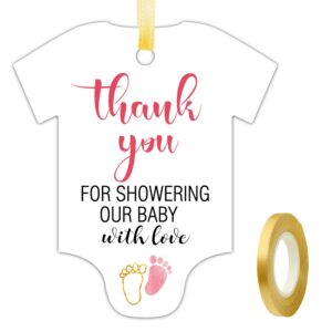 50 pcs thank you for showering our baby with love, cute pink little feet thank you tags, baby onesie shaped gift tags, baby shower favor tags, baby shower birthday party favor decorations.