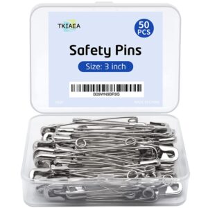 tkiaea 3 inches large safety pins heavy duty, pack of 50, big safety pins, safety pins bulk, stainless steel safety pins（large size）