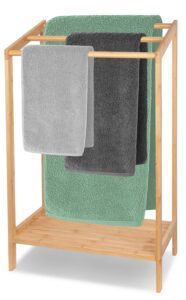 purbambo bamboo towel rack for bathroom, 3 tier freestanding towel holders with bottom storage shelf for hand towel, washcloth, facecloth, small bath towel and bathrobe