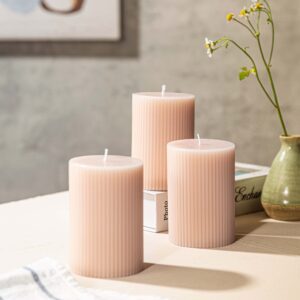 3-pack pink beige ribbed pillar candles unscented, 2.75x4 inches whisper pink beige candles handmade, aesthetic decorative textured candle set for home décor