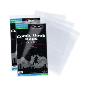 bcw resealable current/modern comic bags - 200 ct | acid-free modern comic bags for current issues | exterior 6 7/8 x 10 1/2 inches | crystal clear protection for your comic collection