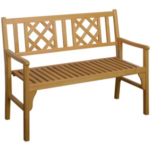 outsunny 4ft wooden outdoor garden bench for 2, portable folding loveseat 2-seater chair with backrest, armrests and slat seat, natural