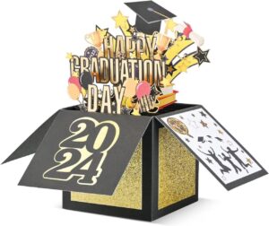 popgiftu 2024 graduation pop up card, black gold pop up congrats grad 2024 greeting card with envelope, congratulations graduation gifts for 2024 high school college university graduates