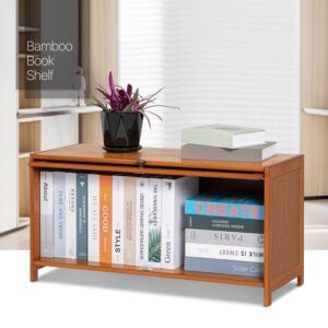 MoNiBloom Bamboo Bookcase with Flip Doors Free Standing Book Shelf Storage Organizer Save Space for Living Room Office Bathroom, Brown