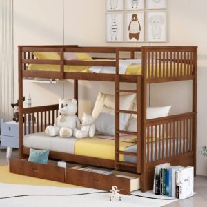 harper & bright designs twin over twin bunk beds with 2 storage drawers, solid wood convertible bunk beds, kids twin bunk beds with ladder, safety rail for girls boys teens adults,walnut