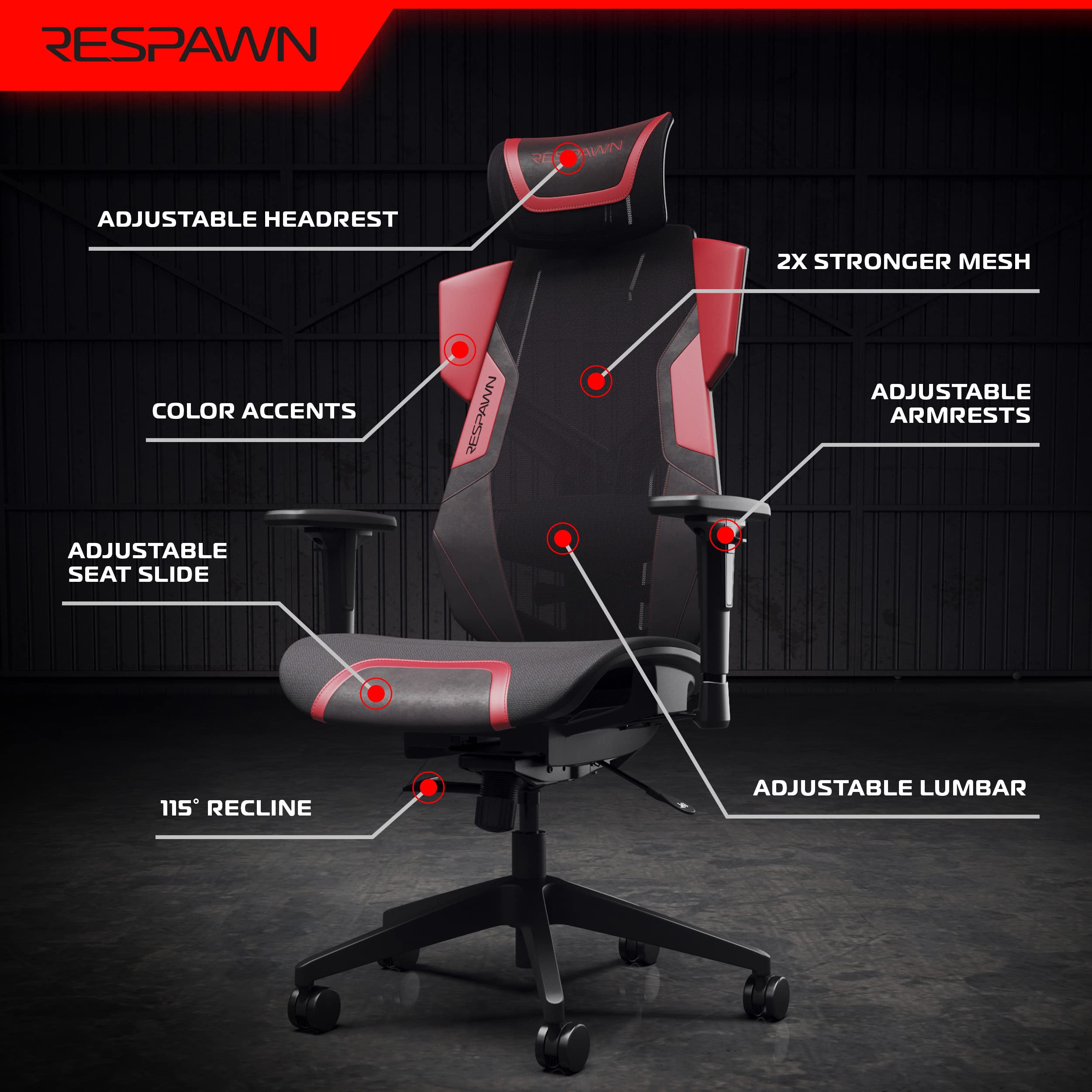 RESPAWN FLEXX Mesh Gaming Chair With Lumbar Support, Ergonomic Gaming Chair with Recline/Tilt Tension Controls, Adjustable Arms, 300lb Max Weight With Wheels for Computer/Desk/Office - Red