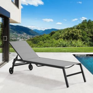 yaheetech outdoor patio chaise lounge, all weather outdoor lounge with wheels, 5-position adjustable recliner for patio, pool, beach & yard, dark gray