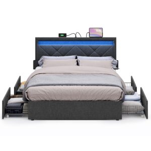 vasagle led bed frame full size, 37.1/39.6 inches, with headboard and 4 drawers, 1 usb port and 1 type c port, adjustable upholstered headboard, no box spring needed, dark gray urmb822g71