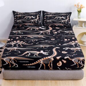 urlinens dinosaur fitted sheet twin size, jurassic evolution dino bones bedding set 2 piece 1 fitted sheet and 1 pillowcase, wildlife dinosaur sheet set for kids boys girls teens fun bed sheet