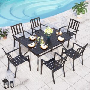 phi villa 7 piece metal outdoor patio dining bistro sets with umbrella hole - 60" x 37.8" rectangle patio table and 6 backyard garden outdoor chairs,black