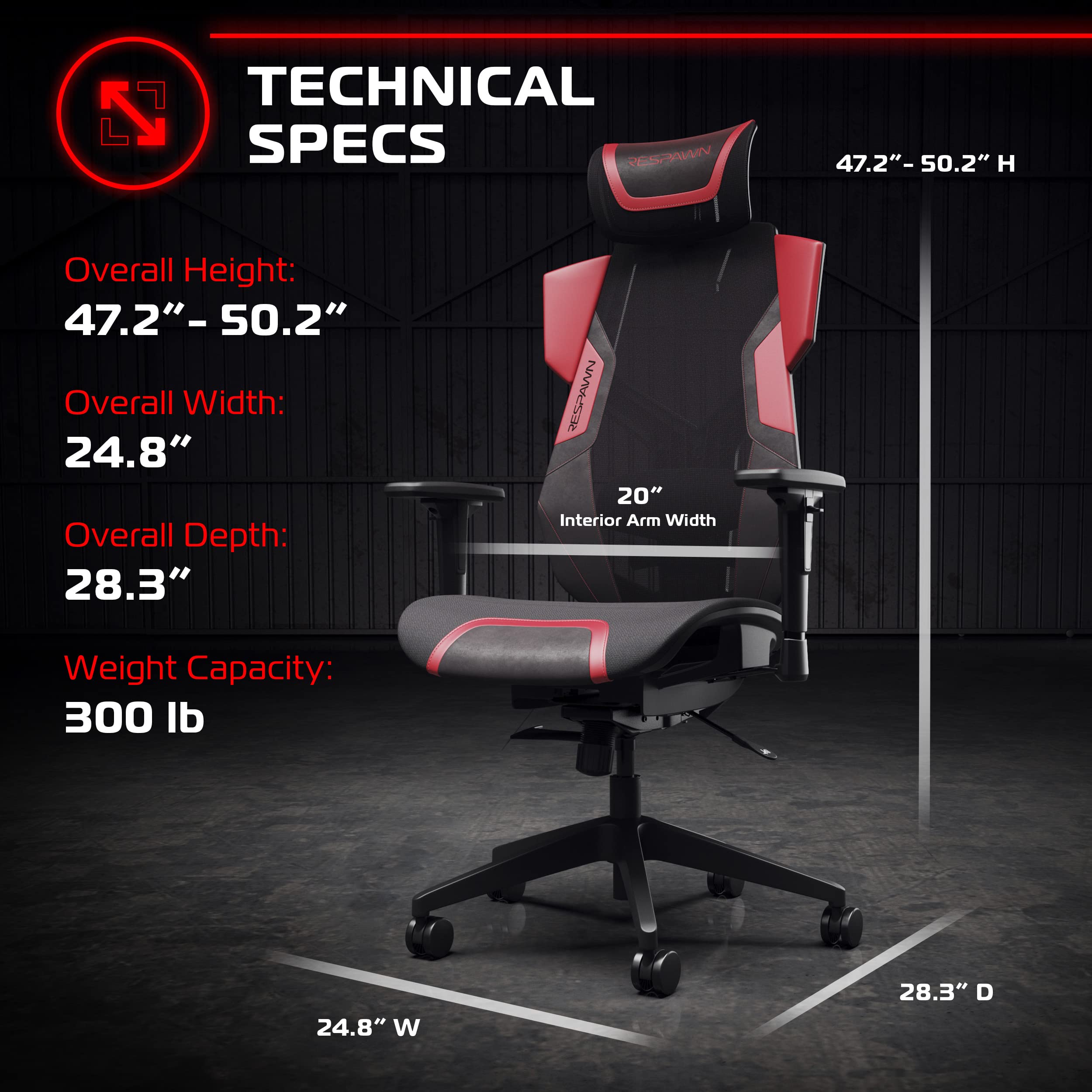 RESPAWN FLEXX Mesh Gaming Chair With Lumbar Support, Ergonomic Gaming Chair with Recline/Tilt Tension Controls, Adjustable Arms, 300lb Max Weight With Wheels for Computer/Desk/Office - Red