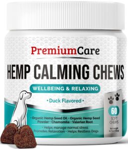 premium care hemp calming chews for dogs anxiety - made in usa, calming dog treats, dog calming chews - anxiety relief treats, dog barking deterrent, anxiety relief for dogs, 60 duck-flavored chews