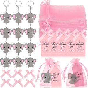 50 sets baby shower return favors for guests elephant theme party favors elephant keychains organza bags thank you tags and bows for girls kids birthday party supplies gifts souvenirs decor (pink)