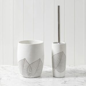 set of 2 elegant leaf design hight quality polyresin wastebasket garbage receptacle bin and brush/holder for bathrooms, powder rooms, kitchens, home offices white