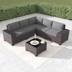 gotland 6-piece patio furniture set, all-weather pe rattan outdoor sectional with replaceable grey waterproof cushions and coffee table