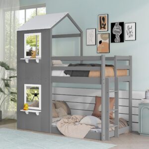 meritline twin over twin house bunk bed, wood low floor bunk bed frame with roof, window and full length guardrail for kids, teens, no box spring needed (grey)