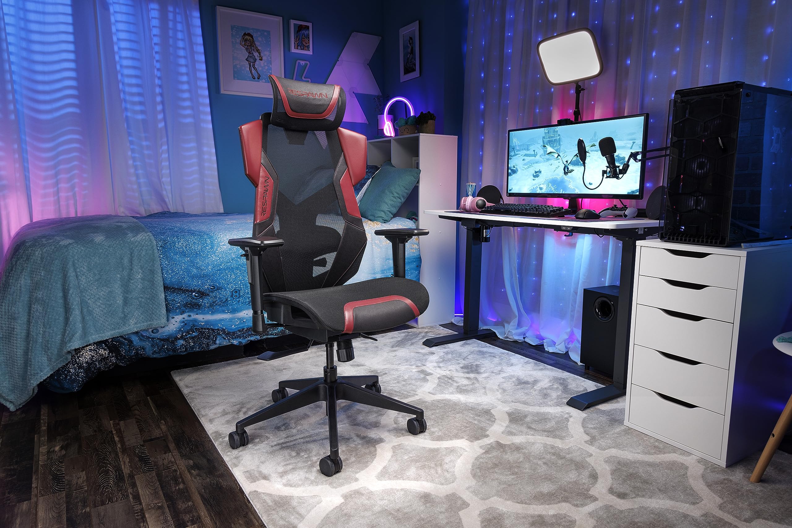 RESPAWN FLEXX Mesh Gaming Chair With Lumbar Support, Ergonomic Gaming Chair with Recline/Tilt Tension Controls, Adjustable Arms, 300lb Max Weight With Wheels for Computer/Desk/Office - Red