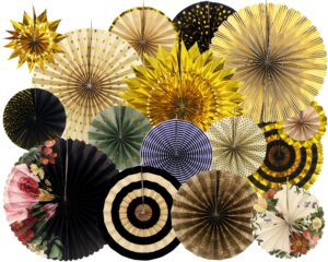 adlkgg party hanging paper fans set, black gold round pattern paper garlands decoration for birthday wedding bridal shower graduation events accessories, set of 16