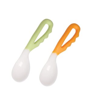 miedeon the baby learns to eat with the spoon tilting the head and the left and right hands, baby elbow training spoon, children's spoon (green+orange)