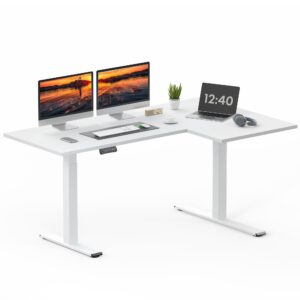 sanodesk 71-inch large dual motor l-shaped electric height adjustable standing desk - reversible panel - white top/white frame - ideal for gaming, home office or computer workstation