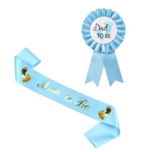 2 packs baby shower decorations blue mom to be sash and dad to be tinplate badge baby welcome party gifts