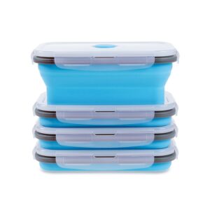 annaklin collapsible food storage containers with airtight lid & vent valve, 27 oz, kitchen stacking silicone collapsible meal prep container set for leftover, microwave freezer safe, blue, set of 4