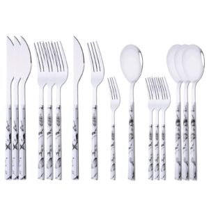 uniturcky 16-piece silverware set with dessert fork, stainless steel flatware cutlery set for 4, mirror finish tableware utensil set, marble texture handle, include knife fork spoon(white & silver)