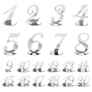 rely2016 mirrored table number, 1-20 wedding table numbers stands with holder base acrylic table numbers place card holders reception décor for wedding banquet birthday party event catering (silver)