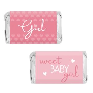 pink it's a girl baby shower miniature candy wrappers, sweet baby girl party favor candy labels - 45 count