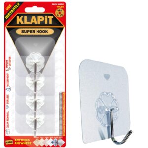 klapit super hook - heavy-duty adhesive wall hooks, holds up to 11 lbs, waterproof, no damage, easy install on tile, wood, stone, glass & metal - made of steel (clear, 4pc)