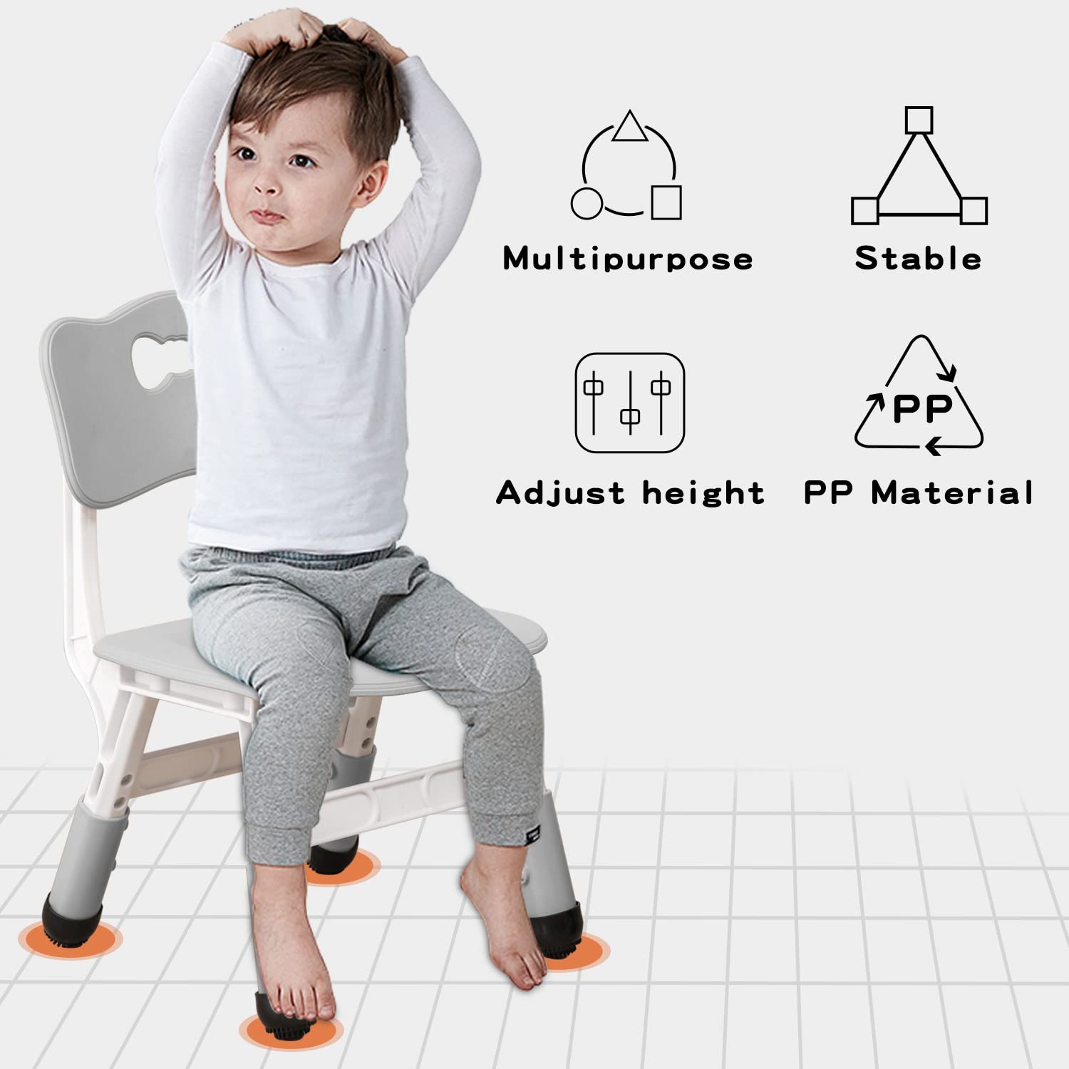 WHY TOYS 4 Piece Kids Chair Set 3 Levels Adjustable Stackable Kids Chairs Ideal for Playrooms, Schools, Daycares and Homes Washable and Easy to Clean Max Weight 220LB(Grey 4Piece Set)