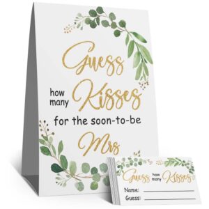 how many kisses bridal showers game sign and cards, eucalyptus leaf bride shower party, guess how many kisses for the soon to be mrs, golden bride shower suit (1 sign+50 cards)