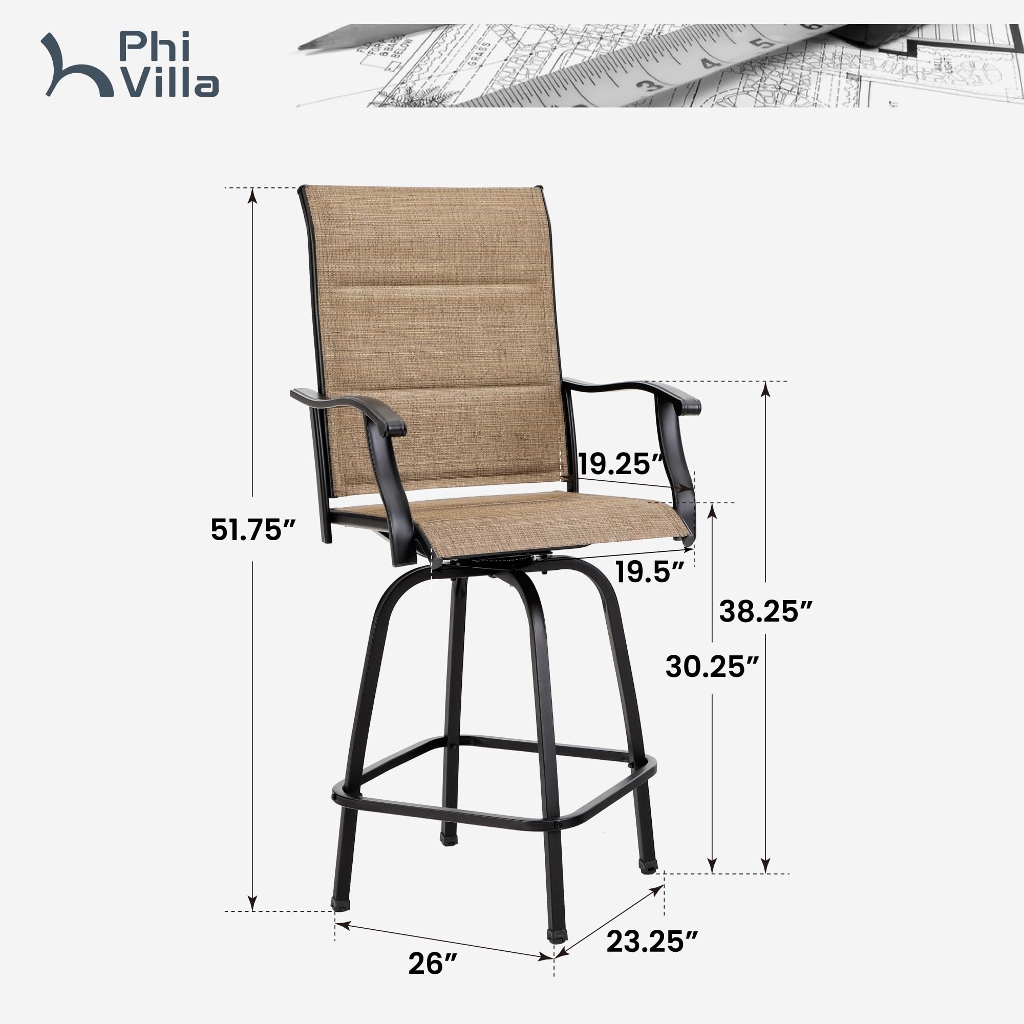 PHI VILLA Outoor Swivel Bar Stools Set of 6 with Armrest and Backrest, High Top Patio Bar Stool & Chairs with Padded Brown Textilene Fabric