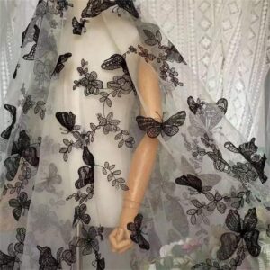 51" width 3d vivid butterfly lace fabric exquisite flower embroidery soft tulle lace fabric for wedding bridal lace dress party dress home decor (3 yard, apricot mesh+black butterfly)