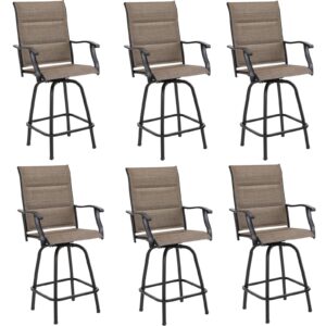 phi villa outoor swivel bar stools set of 6 with armrest and backrest, high top patio bar stool & chairs with padded brown textilene fabric