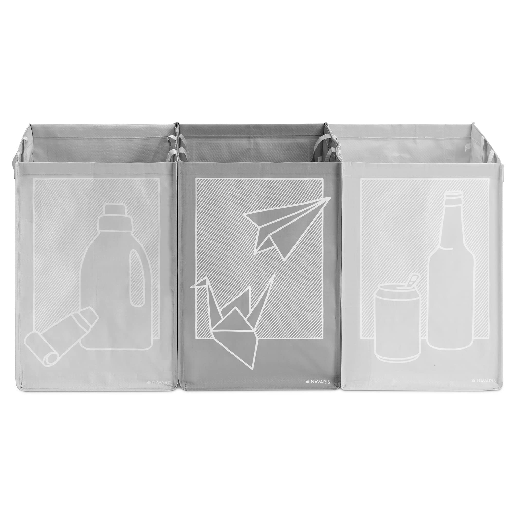 Navaris Recycle Bag Set (3 Pieces) - Reusable Recycling Bags to Separate Paper, Plastic, Glass - Recycling Bins Sorter Bin Organizer Kitchen - Gray