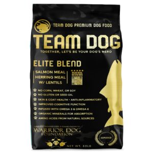 team dog elite blend salmon dog food with herring & lentils | high protein dog food for sensitive stomachs & skin | chicken free, gluten free, gmo free, no corn, wheat or soy (15 lb dry dog food)