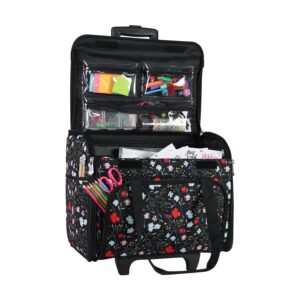 everything mary craft trolley bag, black floral - craft organiser on wheels for sewing, scrapbooking, paper craft, and art - storage case for supplies and accessories