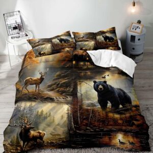 vivihome 3pcs black bear deer bedding set, woodland animals elk moose wildlife hunting country lodge cabin duvet cover set, rustic farmhouse comforter cover with 2 pillowcases, soft microfiber, queen