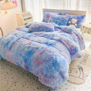 ihoustriy blue queen duvet cover set rainbow tie dye fluffy girls bedding set queen size plush shaggy furry comforter cover set for bedroom decor (1 duvet cover, 2 pillowcases)