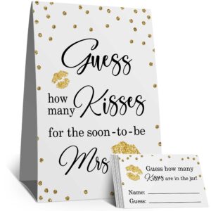 bridal shower game sign and cards, golden watercolor kisses bridal shower party，how many kisses for the soon to be mrs，golden wedding engagement decorations(1 sign+50 cards)