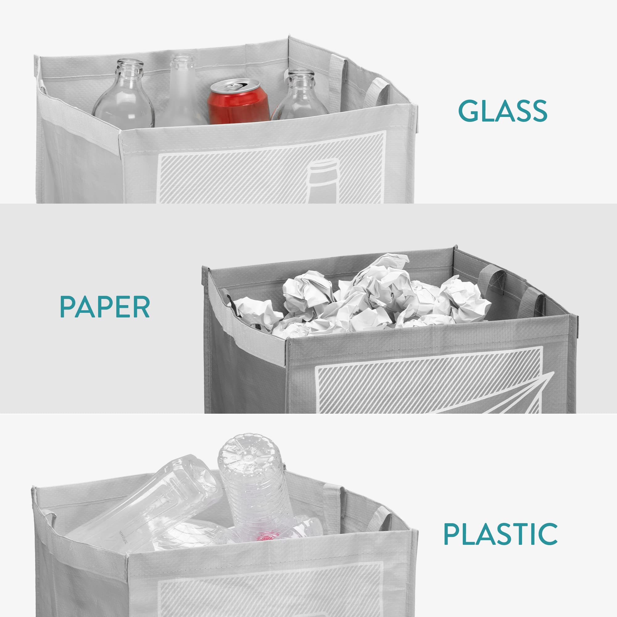 Navaris Recycle Bag Set (3 Pieces) - Reusable Recycling Bags to Separate Paper, Plastic, Glass - Recycling Bins Sorter Bin Organizer Kitchen - Gray