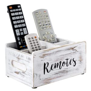 mygift whitewashed wood remote control holder organizer with 4 compartments, media storage caddy with cursive remotes design