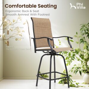 PHI VILLA Outoor Swivel Bar Stools Set of 6 with Armrest and Backrest, High Top Patio Bar Stool & Chairs with Padded Brown Textilene Fabric