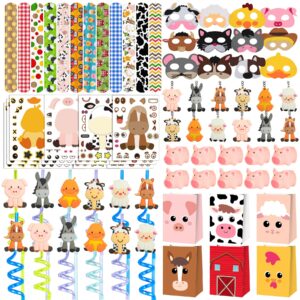 farm animals party favors set 84 pcs barnyard animal masks sticker keychains straw slap bracelet rubber pigs gift for kids birthday party baby shower goodie bag fillers supplies