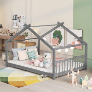 harper & bright designs full size house bed for kids, full bed frame with headboard and footboard, wooden kids house bed for girls boys bedroom furniture, no box spring needed, grey