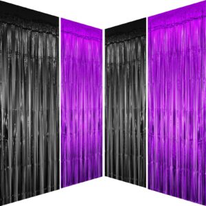 black purple metallic tinsel foil fringe curtain - video game birthday baby shower graduation halloween retirement bachelorette wedding anniversary carnival party photo booth backdrop decoration, 4pc