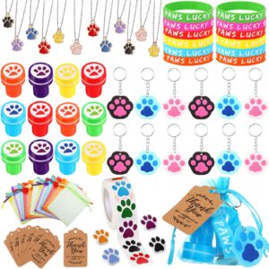 85 pieces dog paw party favors set dog paw print party supplies with paw print silicone bracelet stamper sticker keychain pendant chain organza bag and thank you tag for girl kid boy party birthday