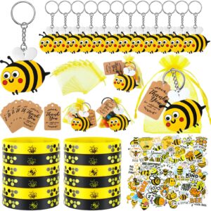 sureio 98 pcs bee party favors include bee keychains rubber bracelets thank you tags stickers organza bags for kids birthday party gifts baby shower souvenirs world bee day supplies