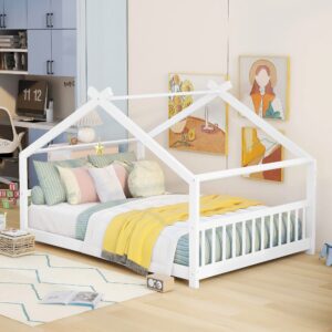 harper & bright designs full size house bed for kids, full bed frame with headboard and footboard, wooden kids house bed for girls boys bedroom furniture, no box spring needed, white